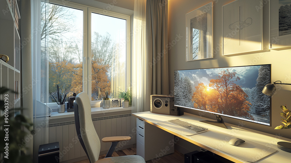 A chic home office setup featuring a modern desk, ergonomic chair, and ...