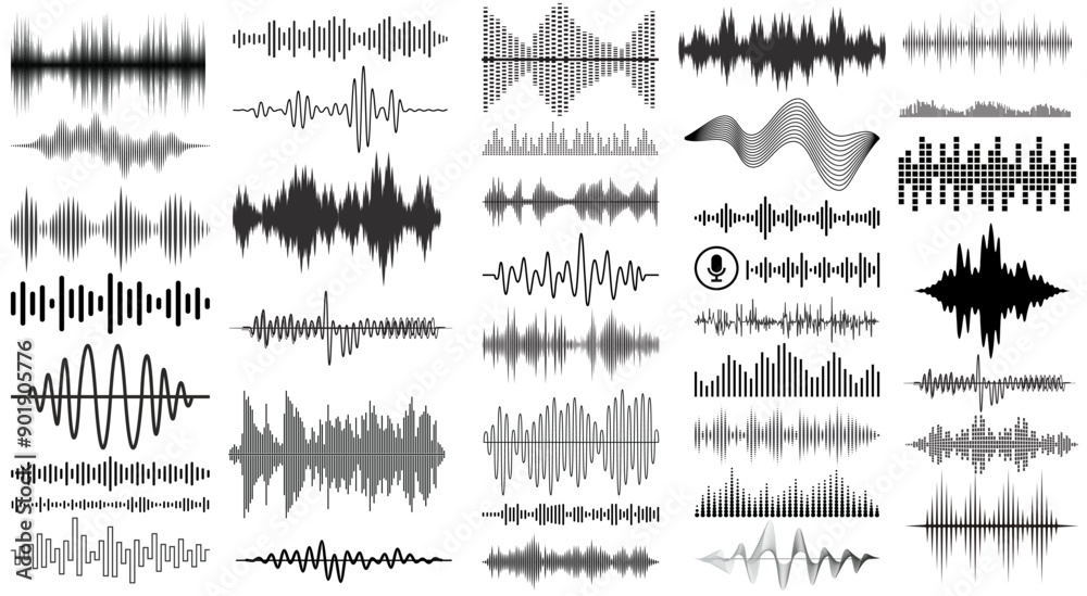 Sound wave great set collection clip art Silhouette, Black Audio waves, electronic Radio signal ...