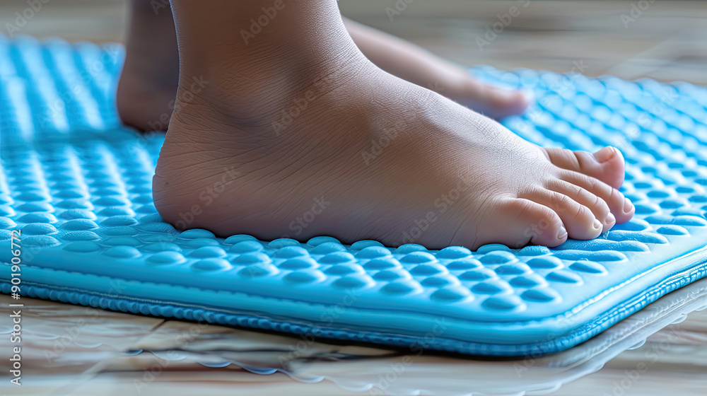 Child is improving foot health by standing on an orthopedic mat Stock ...