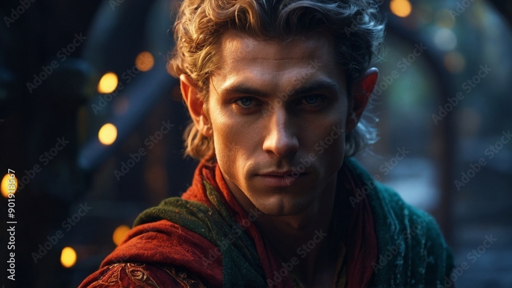 elf dressed in green and red. elf man. man in green. man in green cloak ...