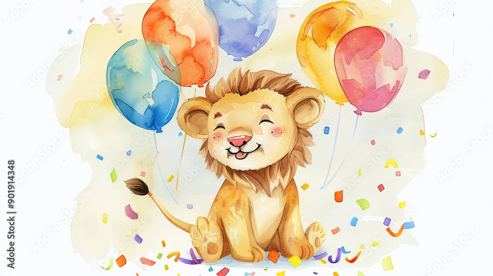 watercolor illustration of lion cub with balloons on white background ...