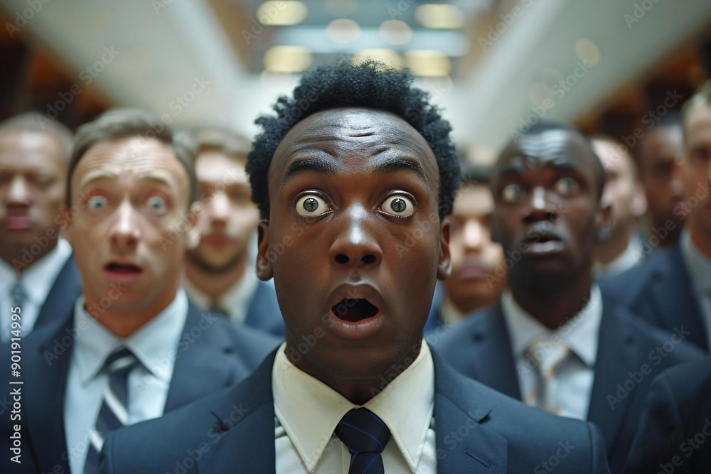 group of diverse businessmen reacting with shock and surprise to ...