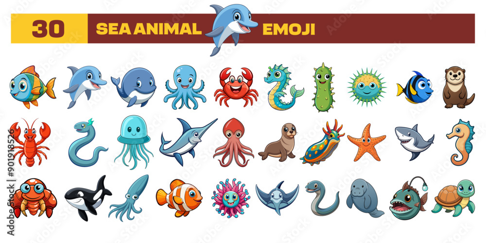Set of vector Sea animals emoji, clipart, or icon. Cartoon style cute ...
