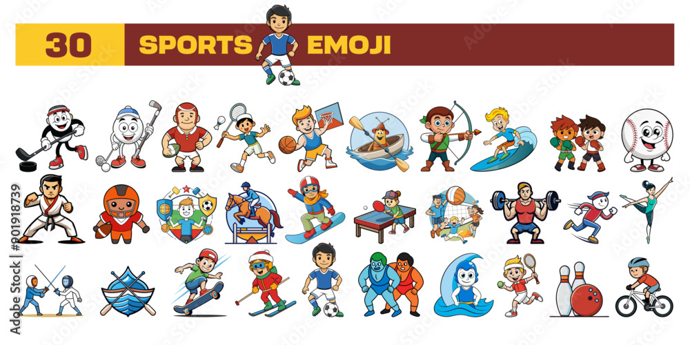 Set of vector Sports emoji, clipart, or icon. Cartoon style different ...