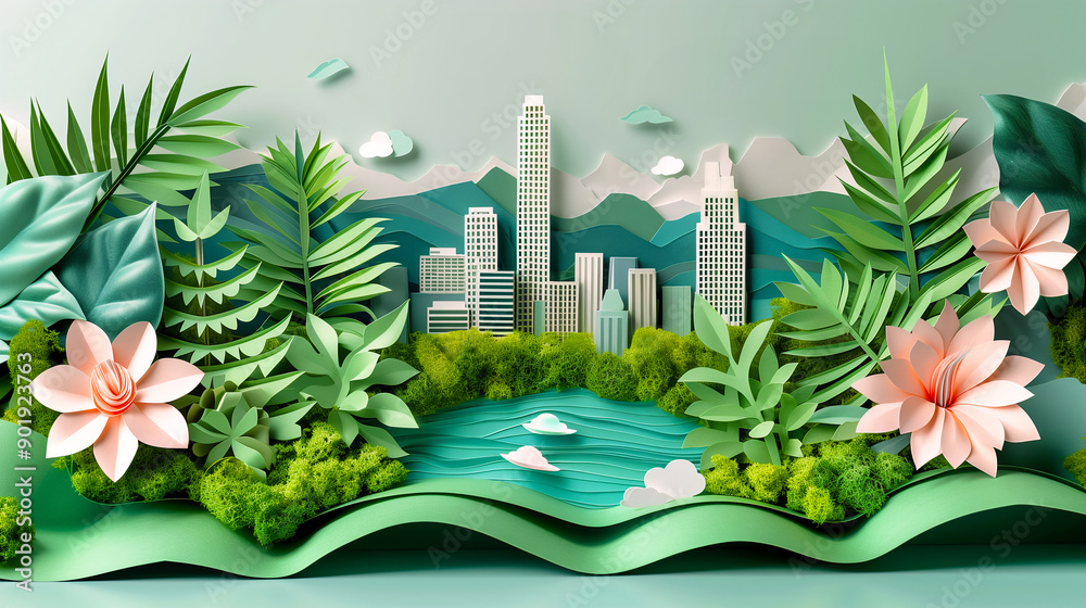 3d eco green cityscape background, a miniature urban city paper model ...