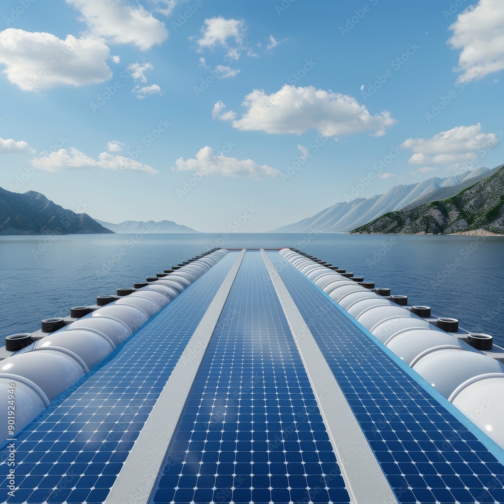 A solar-powered water desalination plant near a coastal area, with copy ...