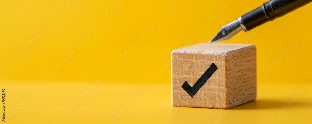 Wooden cube with check mark symbol and fountain pen on yellow ...