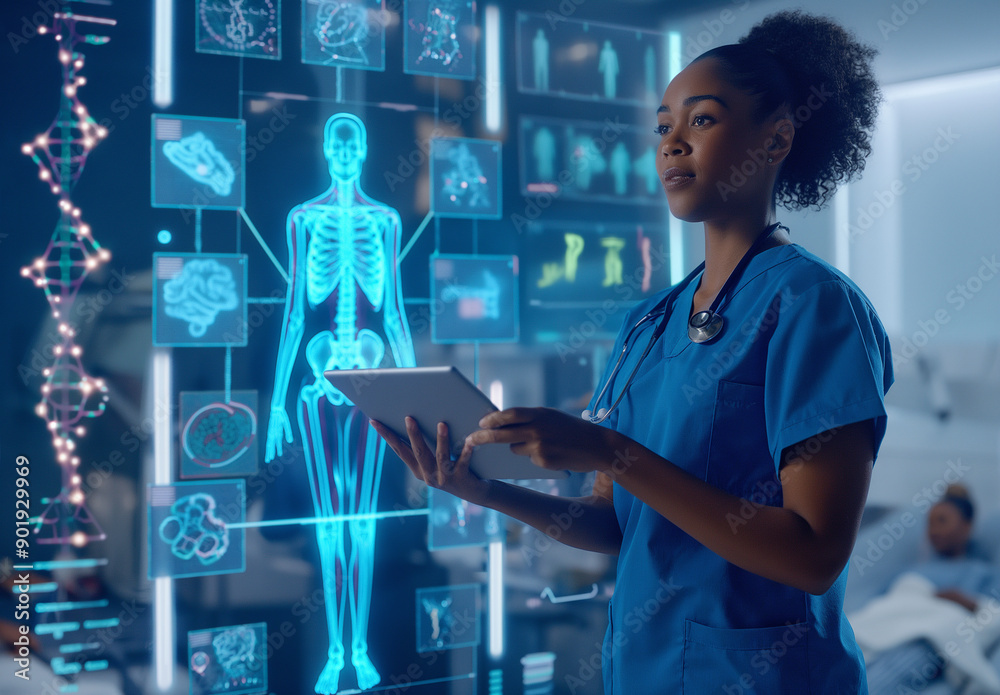 Nurse in blue scrubs using ipad to explore holographic human anatomy ...