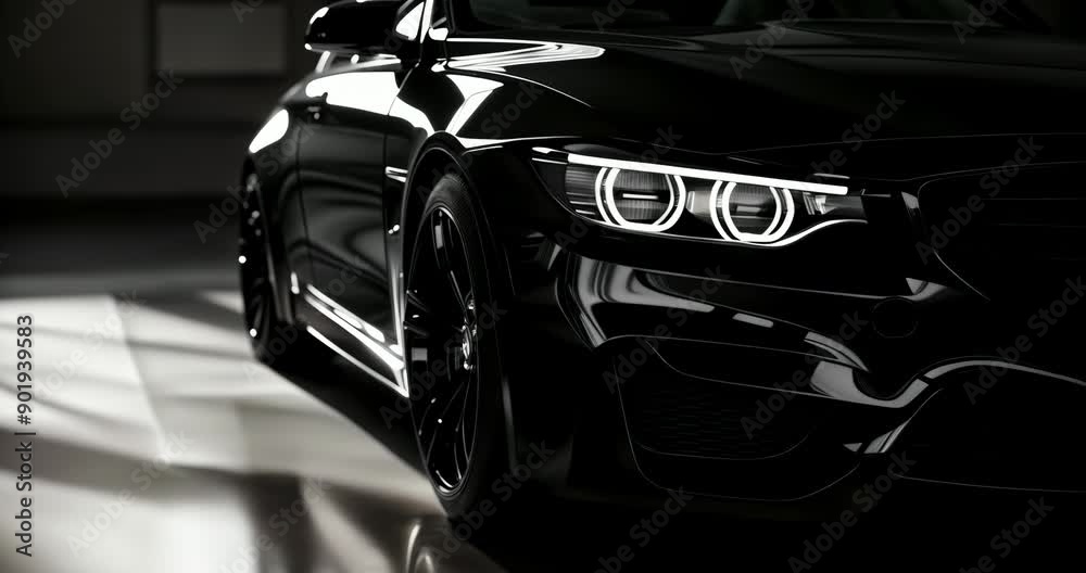 Sleek Black Car in a Studio: Close-Up of Headlights and Exterior Design ...