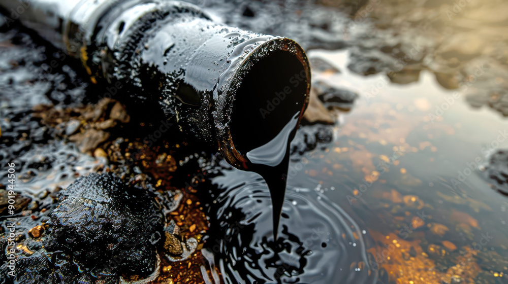 Industrial oil spill from a pipe causing environmental pollution. Black ...