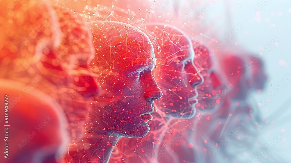 Futuristic Digital Art of Human Faces in Profile with Red Overlay and ...
