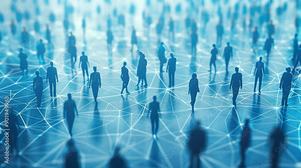High-Tech Digital Network of People Silhouettes with Blue Background ...