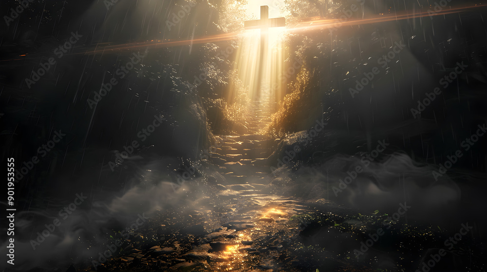 spiritual journey, illuminated stairway, beams of light, religious ...