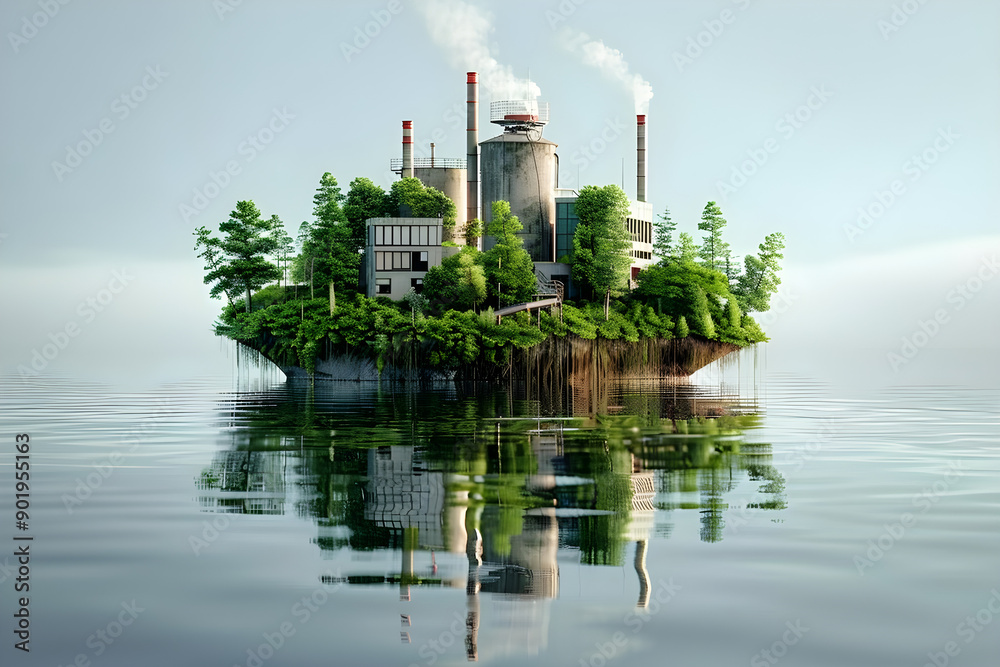 eco island blending industry and nature, emphasizing sustainability ...