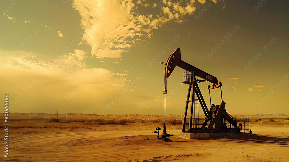oil pumpjack in a desert landscape, industrial machinery, energy ...