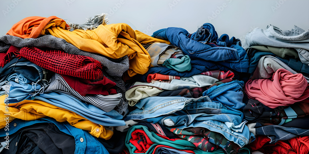 Clothing waste pile, eco-friendly fashion, textile recycling ...
