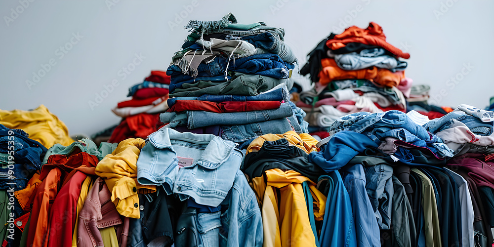 Overwhelming pile of discarded clothing representing fast fashion waste ...