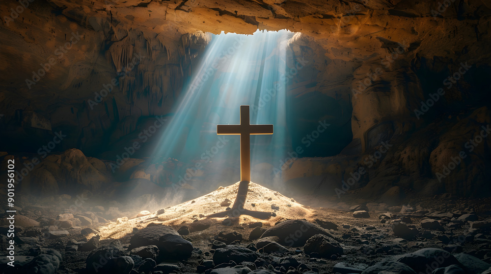 cave cross silhouette, dramatic light rays, emotional atmosphere ...