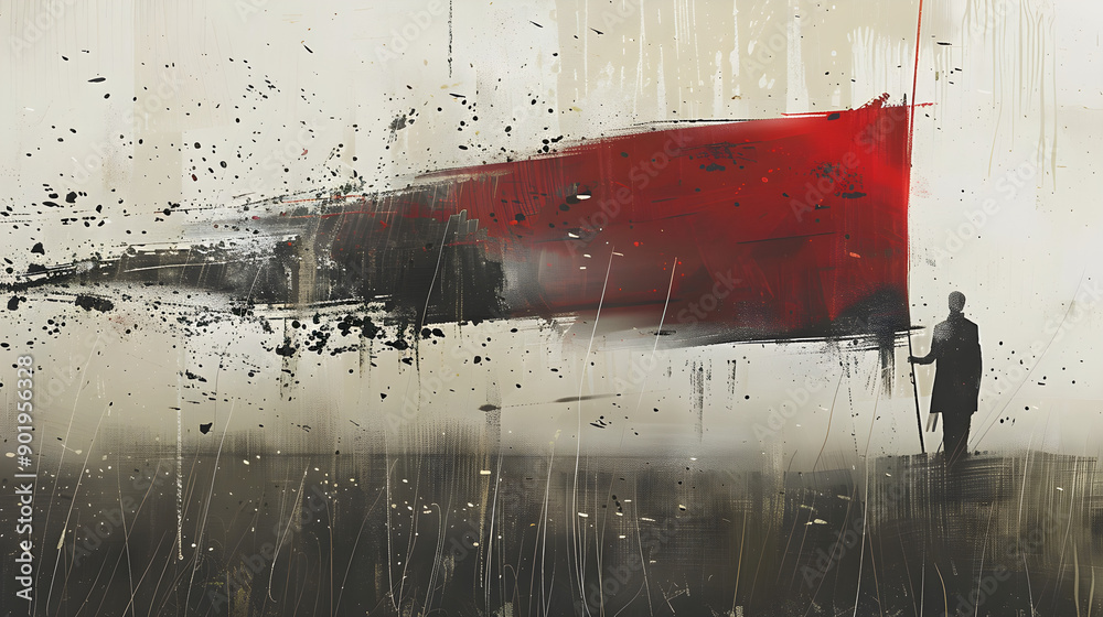abstract art, solitary figure holding disintegrating red flag ...