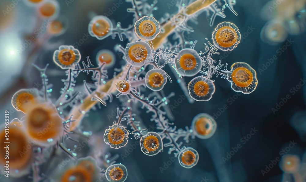 Macro view of fungal spores under microscope, highlighting mycology and ...