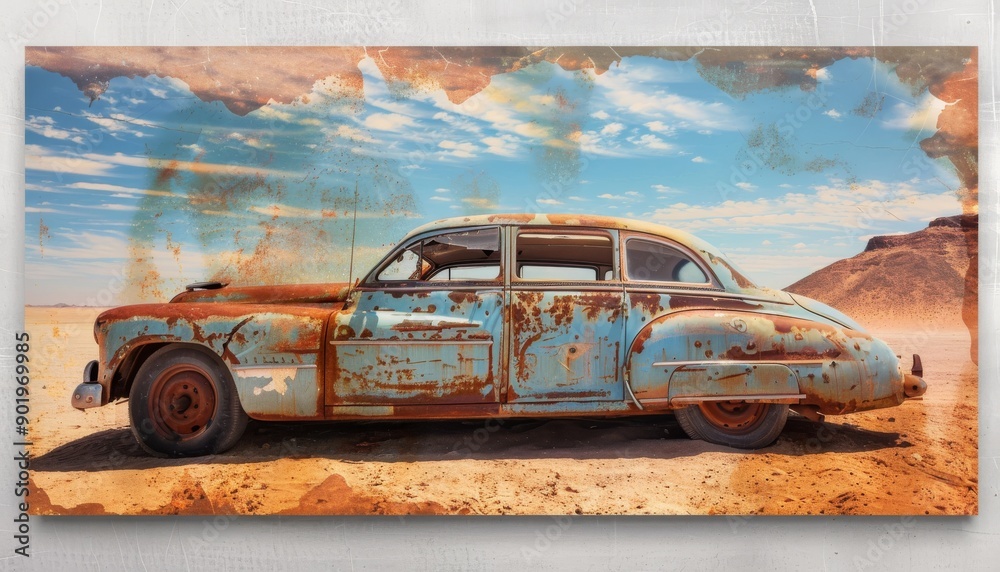 Old classic wrecked retro vintage car rusting in the Sahara desert ...