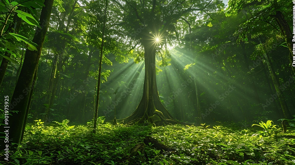 Lush rainforest with towering Kapok trees Ceiba pentandra in the Amazon ...
