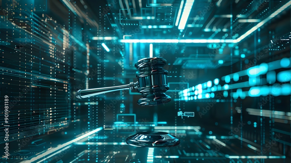 Cyber-themed virtual space with a judge's gavel suspended, symbolizing ...