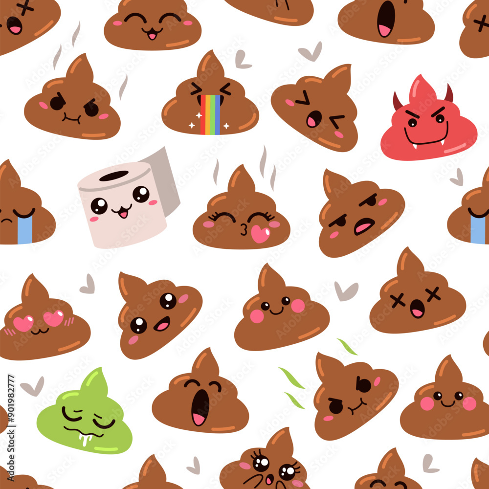 Kawaii poop characters seamless pattern. Funny fecal mascots with ...