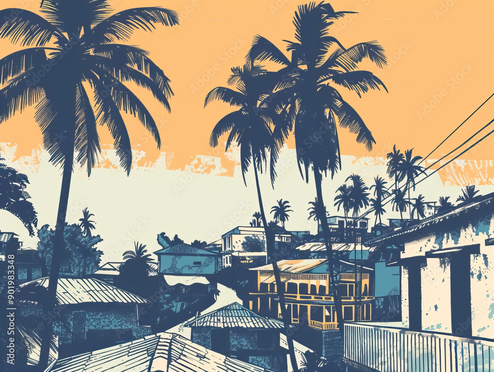 Risograph stencilled riso print travel poster, card, wallpaper or ...