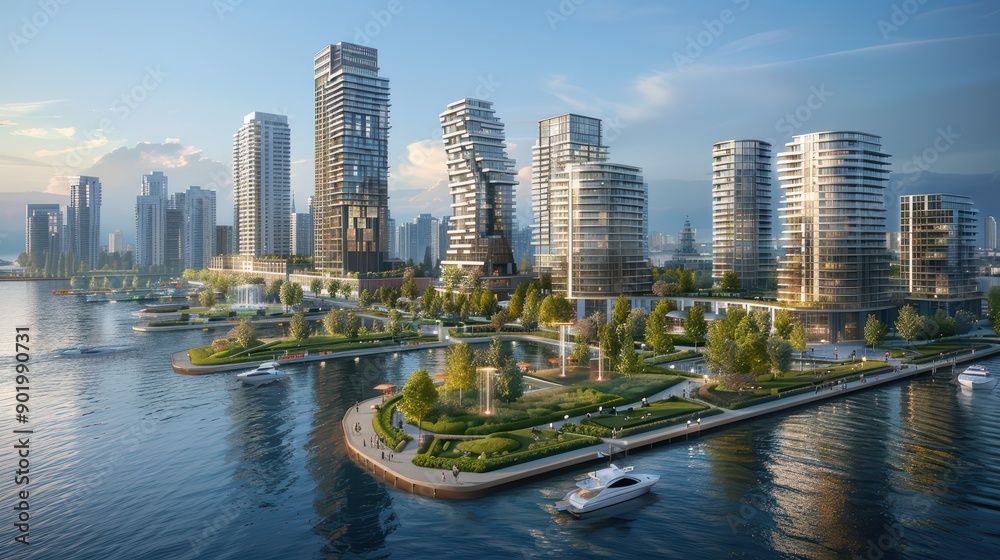 Waterfront development with promenades, parks, and mixed-use buildings ...