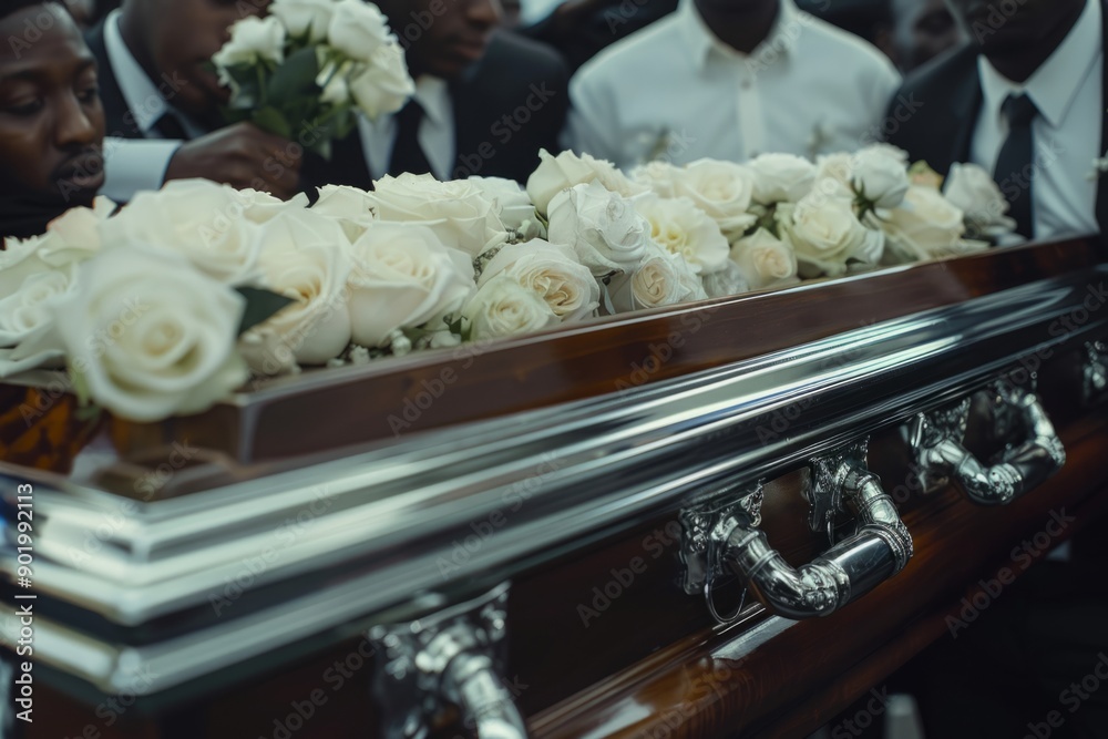 Wooden casket adorned with white roses at a funeral. Somber gathering ...