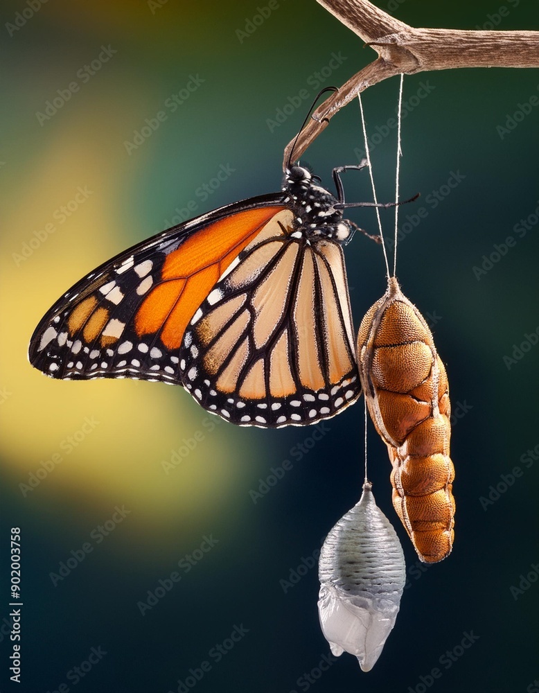 Amazing moment, Monarch Butterfly, pupae and cocoons are suspended ...