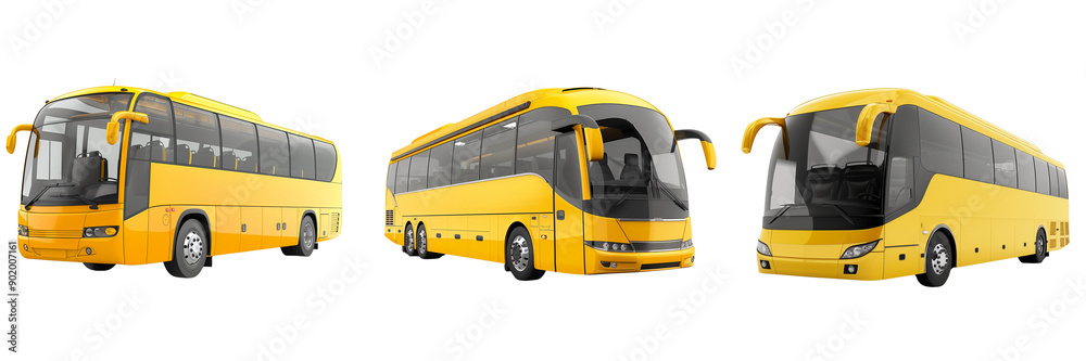 Set of modern yellow tour bus with detailed exterior features isolated ...