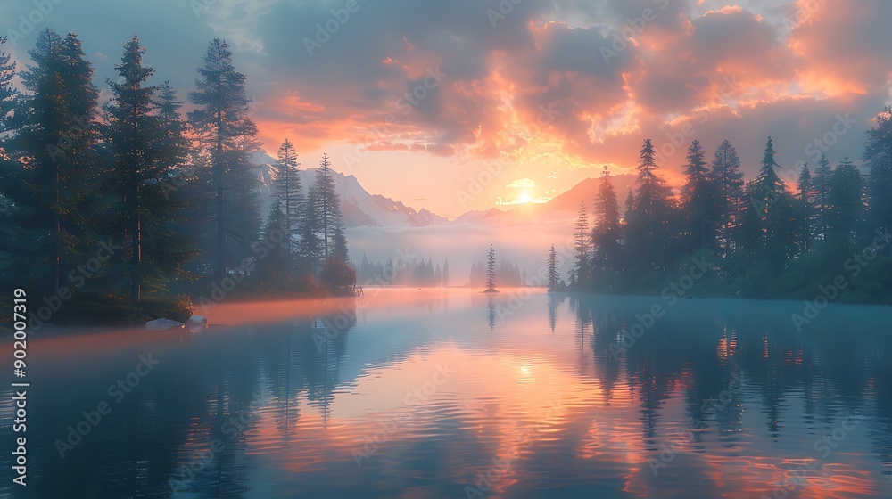 Tranquil lake at dawn with mist rising from the water surrounded by tall trees and soft clouds ...