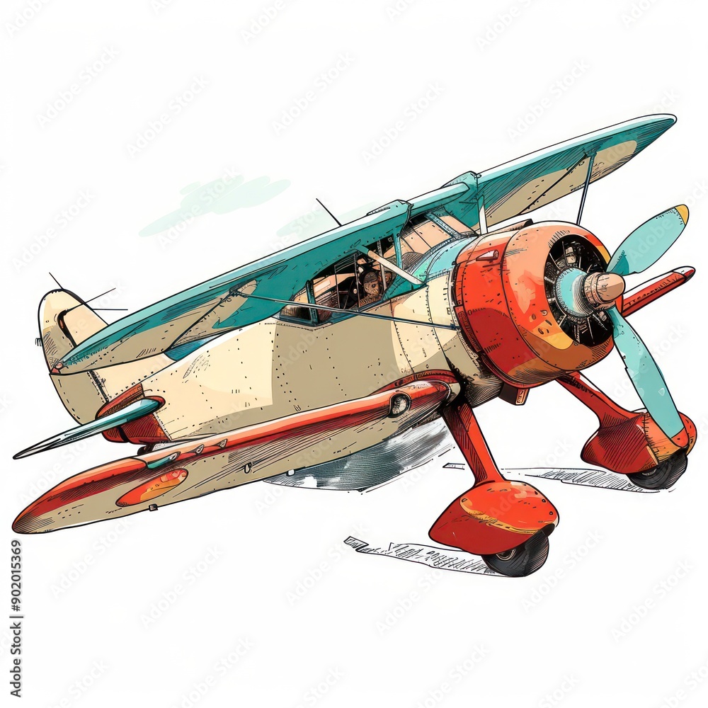A vintage cartoon aeroplane with bright, colorful paint, depicted from ...
