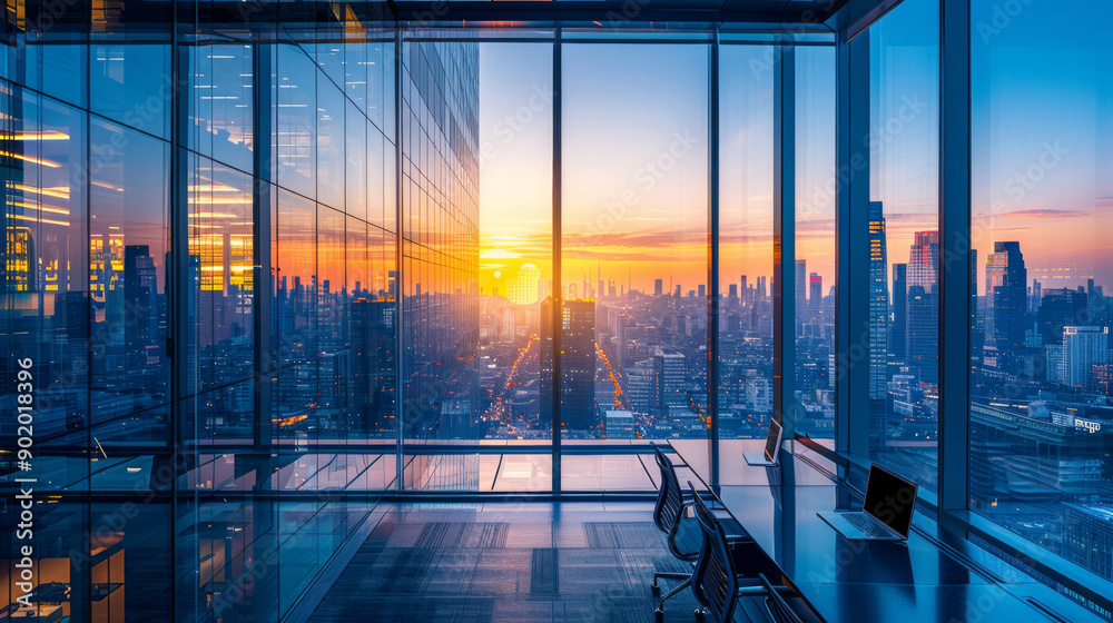 Sunset view over the city skyline from a high-rise office, featuring ...