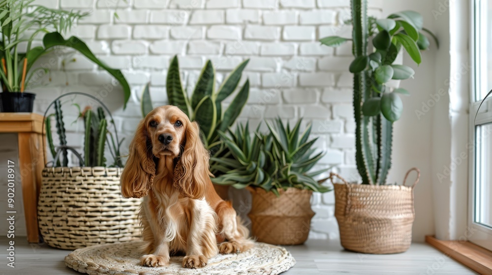 Cute Cocker Spaniel with Large Cacti and Houseplants by White Brick ...