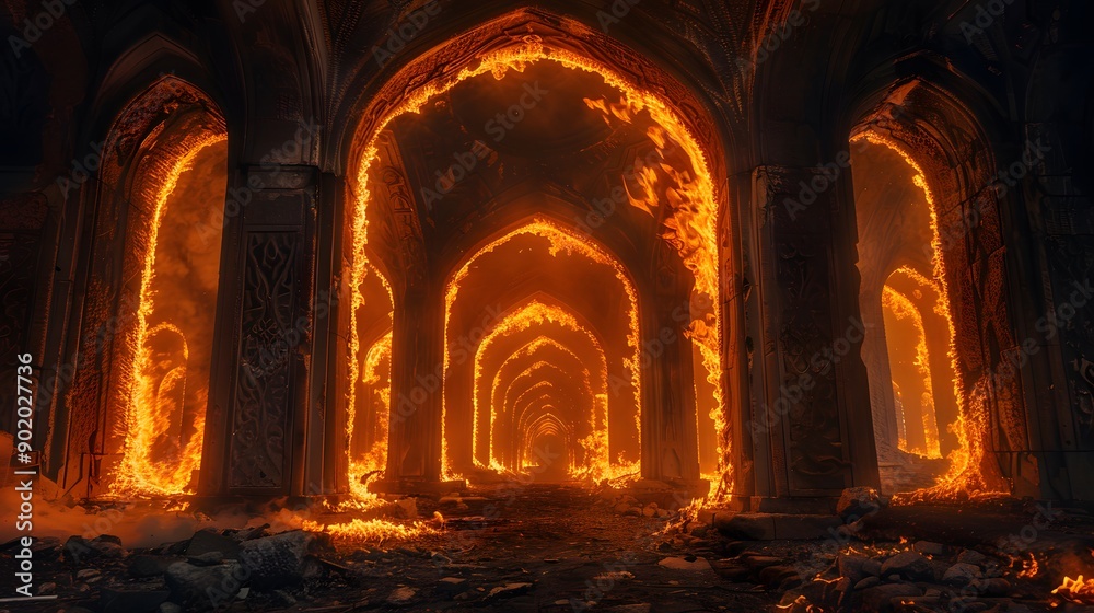 Flames illuminating the inside of ancient stone arches, showcasing the ...