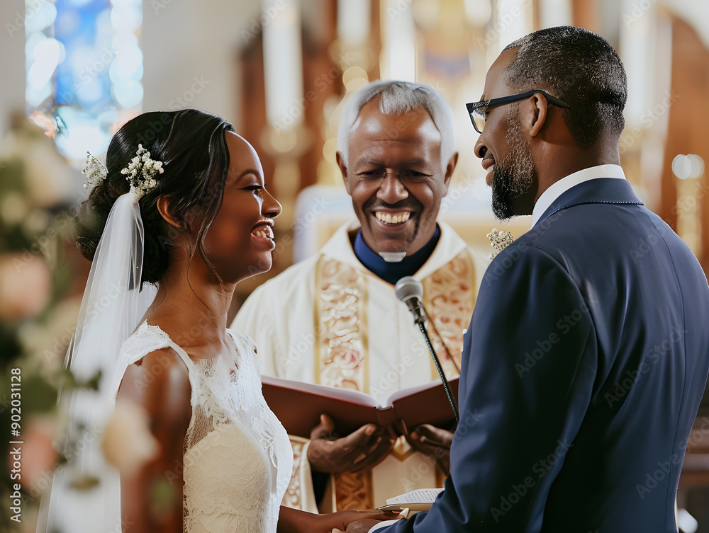 Christian couple holds hands and exchanges vows at altar, surrounded by ...