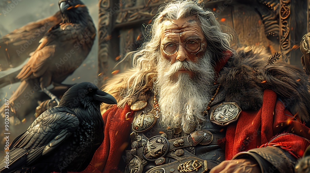 Aweinspiring depiction of the mythological Norse god Odin seated on his ...