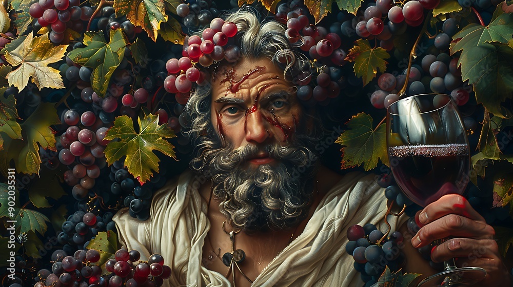 Enchanting portrayal of the mythological Greek god Dionysus surrounded ...