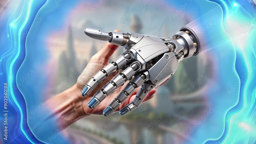 Robot shakes hands with human, blue energy is released, creating ...