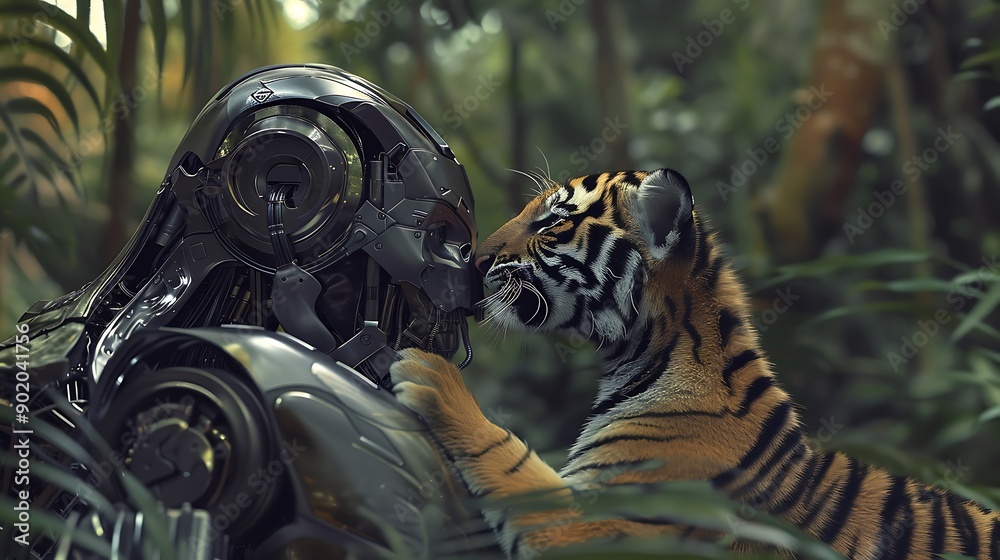 Futuristic robot caring for a Sumatran tiger cub in a lush tropical ...
