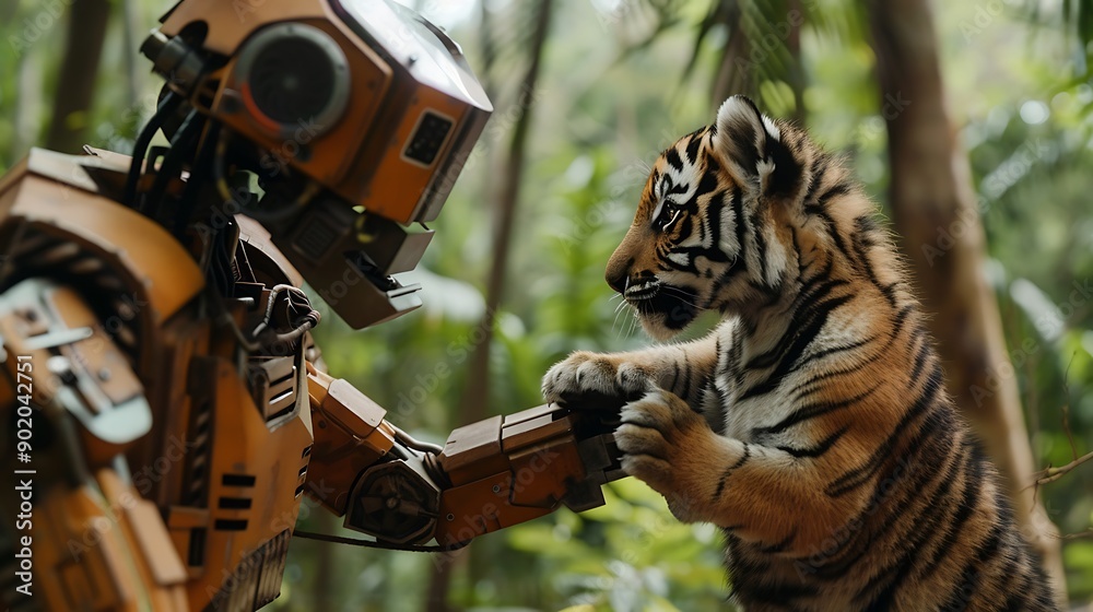 A conservation center in a tropical forest featuring a robot nurturing ...