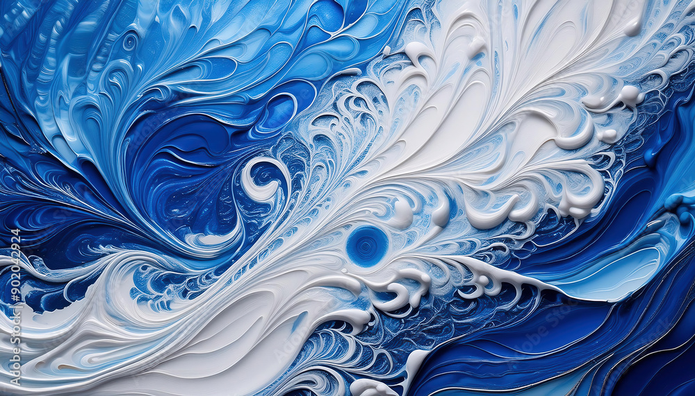 Blue and white abstract paint background. Liquid acrylic painting. Can ...