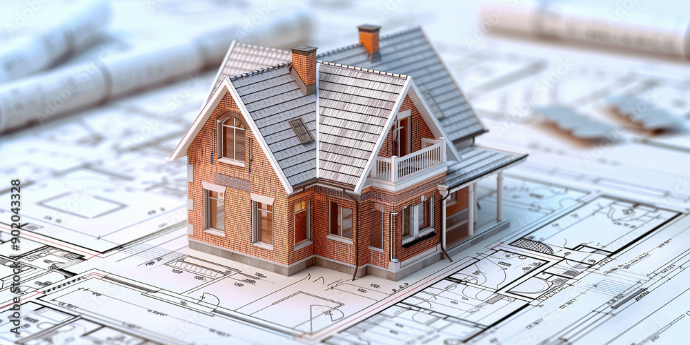 Miniature House Model Placed on Detailed Architectural Blueprints Stock ...