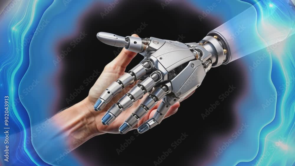Robot shakes hands with human, blue energy is released, creating ...