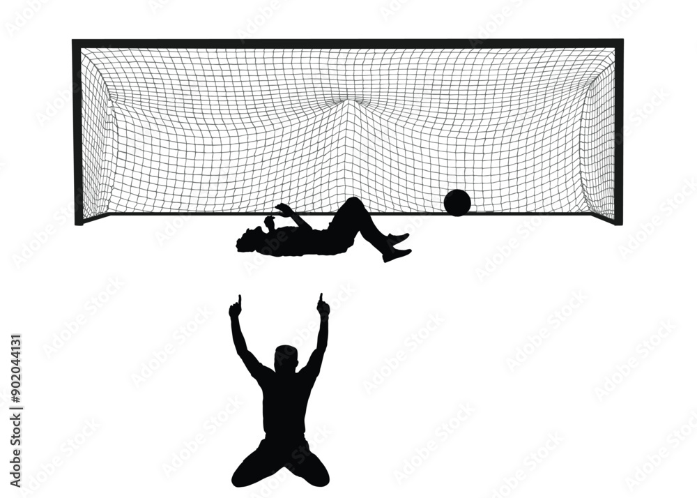 Soccer player celebrates goal scoring on knees, kick ball against sad ...