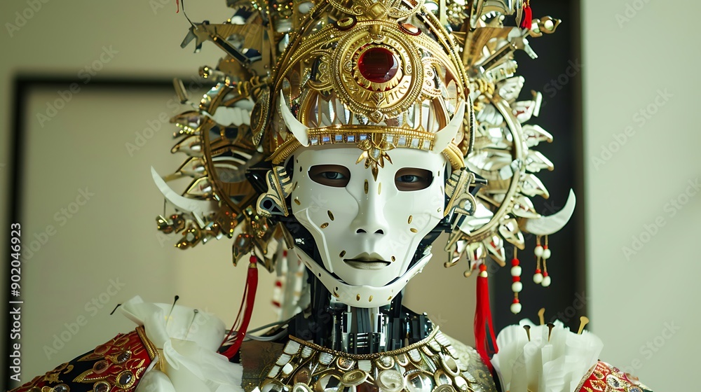 An advanced robot dressed in traditional Minangkabau bridal garb with ...