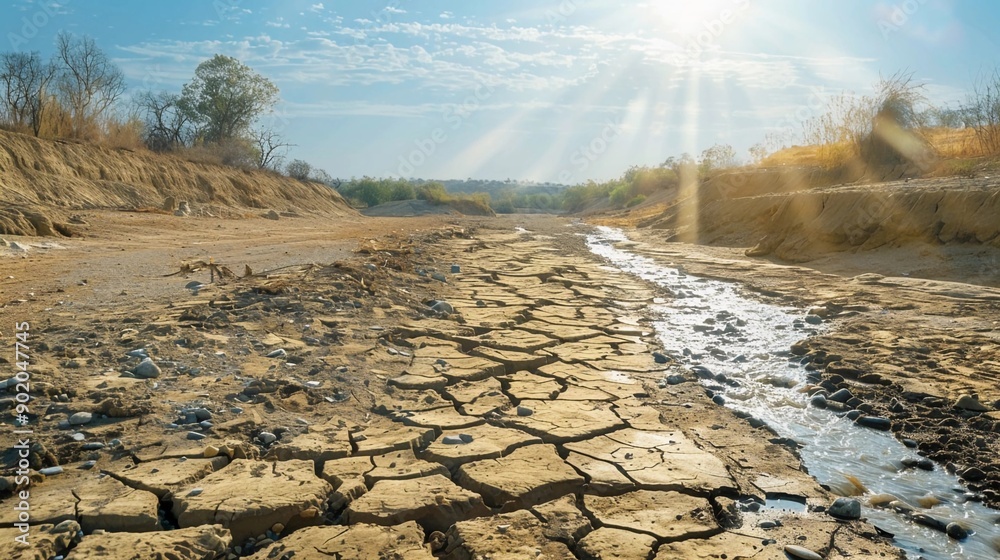 A Dry Riverbed with Cracked Sandy Soil and Visible Large Black River ...
